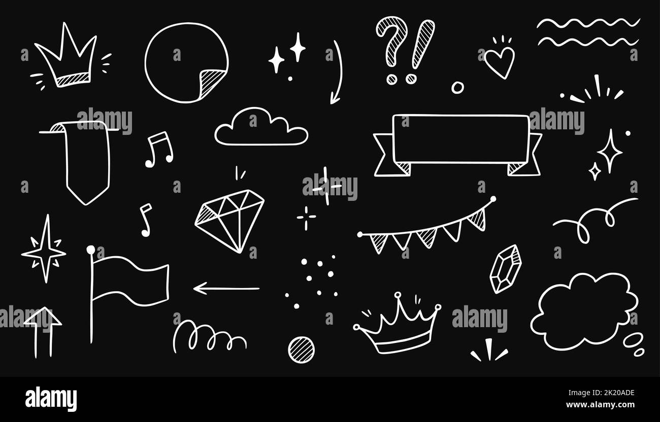 Line frame, sparkle, ribbon hand drawn doodle chalkboard element set ...