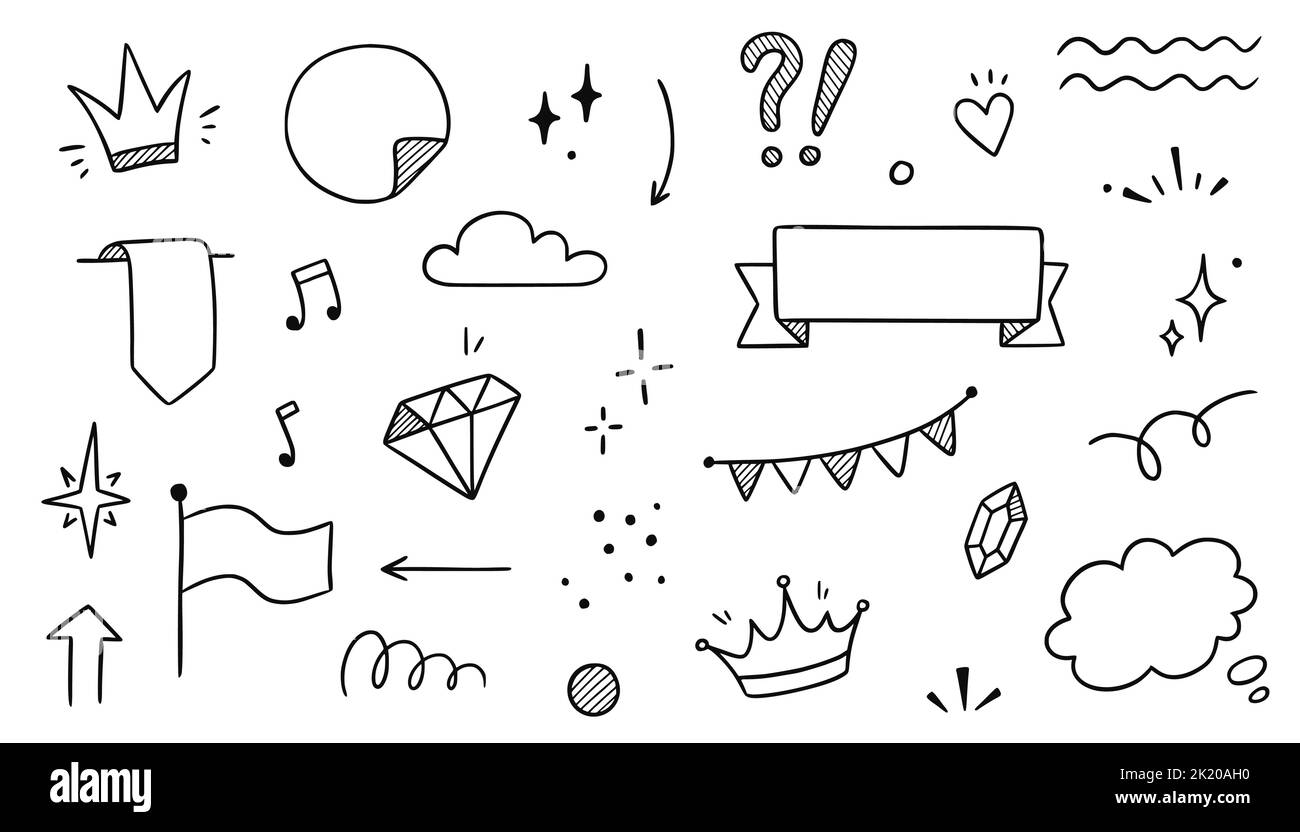 Line frame, sparkle, ribbon hand drawn doodle element set. Party ...