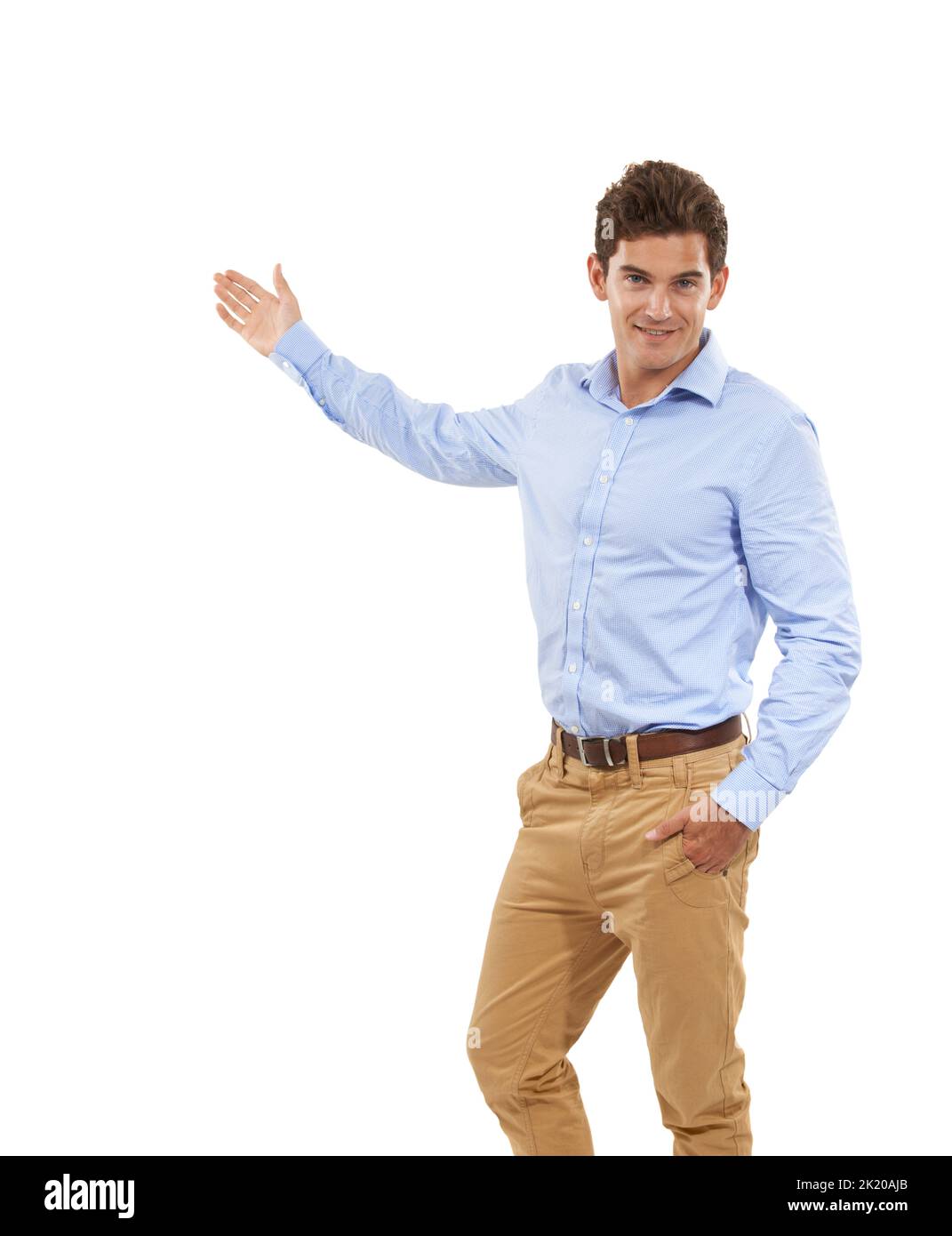 Make a grand gesture. Portrait of a handsome young man in a studio ...