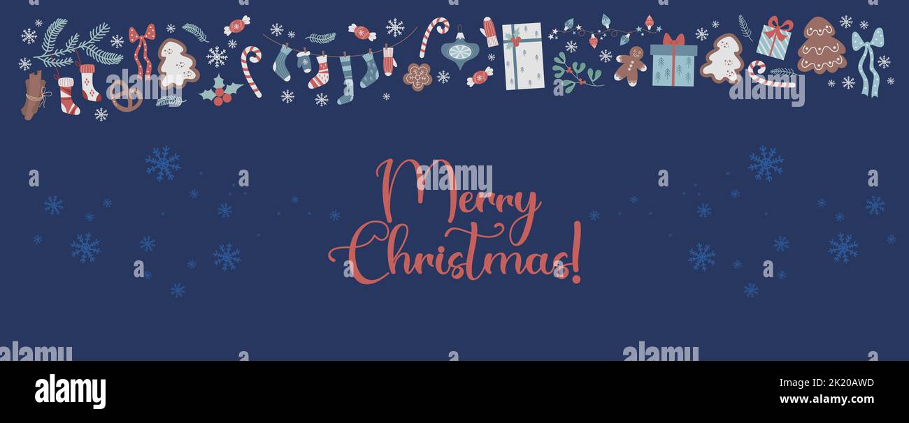 Merry Christmas. Horizontal banner with Christmas traditional symbols ...