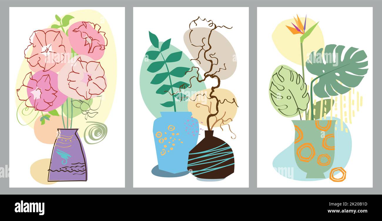 Set of abstract posters with vases. Trendy still life collage with pot ...