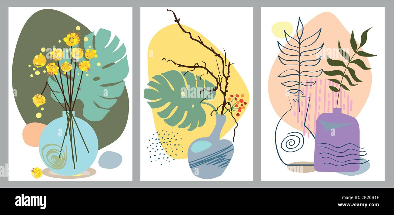 Set of abstract posters with vases. Trendy still life collage with pot ...