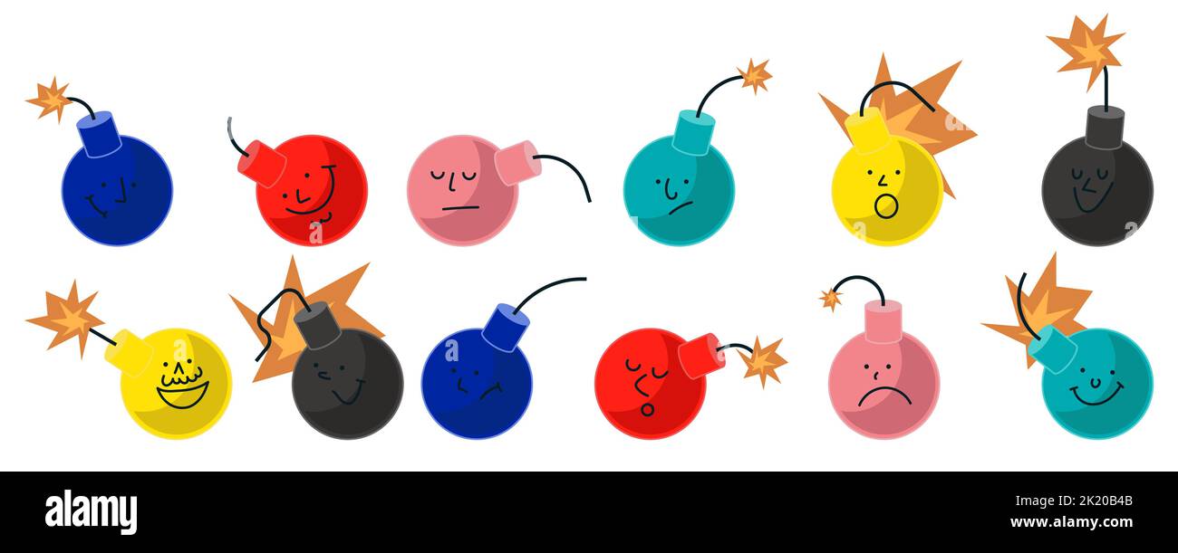 Bomb character set. Round weapon mascot with funny emotions and faces ...