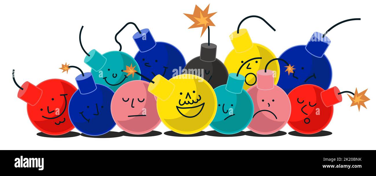 Bomb character set. Round weapon mascot with funny emotions and faces ...