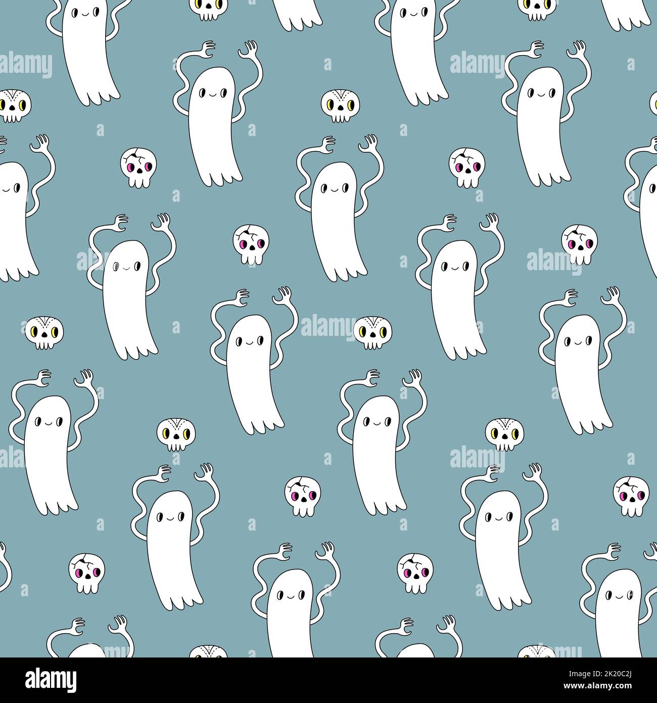 Colorful seamless pattern with groovy ghosts and skulls on blue ...
