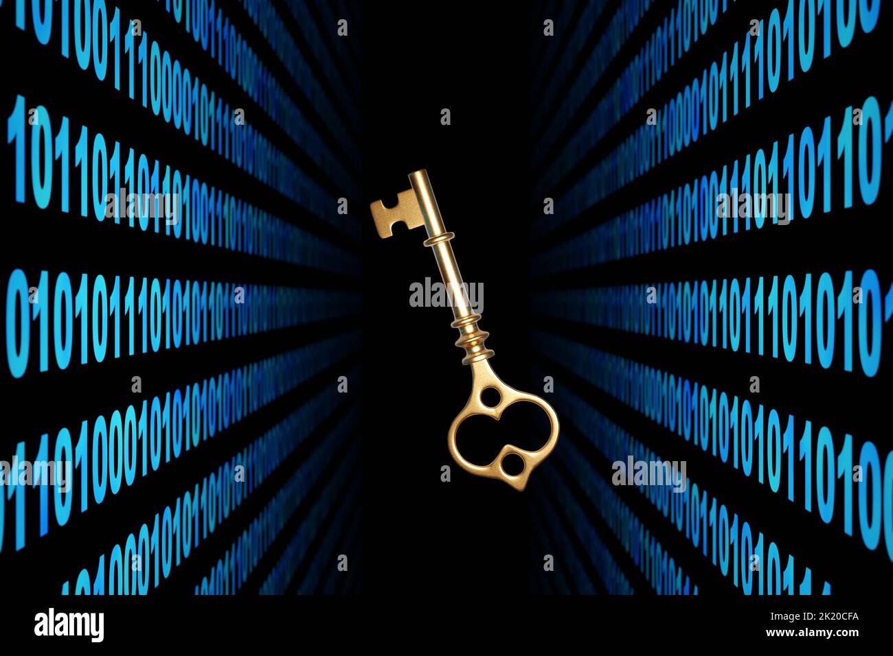 Retro golden key in a digital tunnel. Illustration of the concept of ...