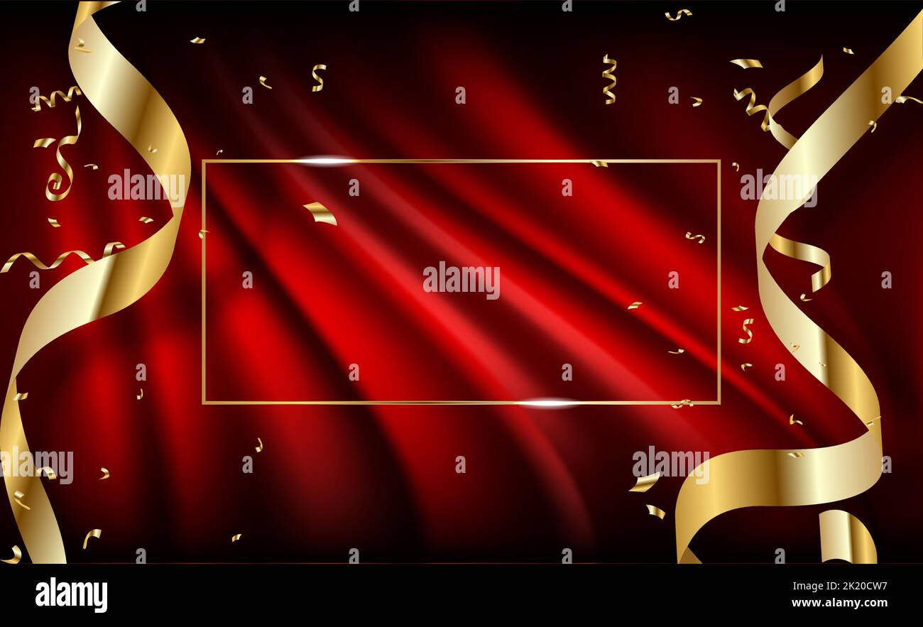 Gold frame with golden silk ribbon on red curtain vector illustration ...
