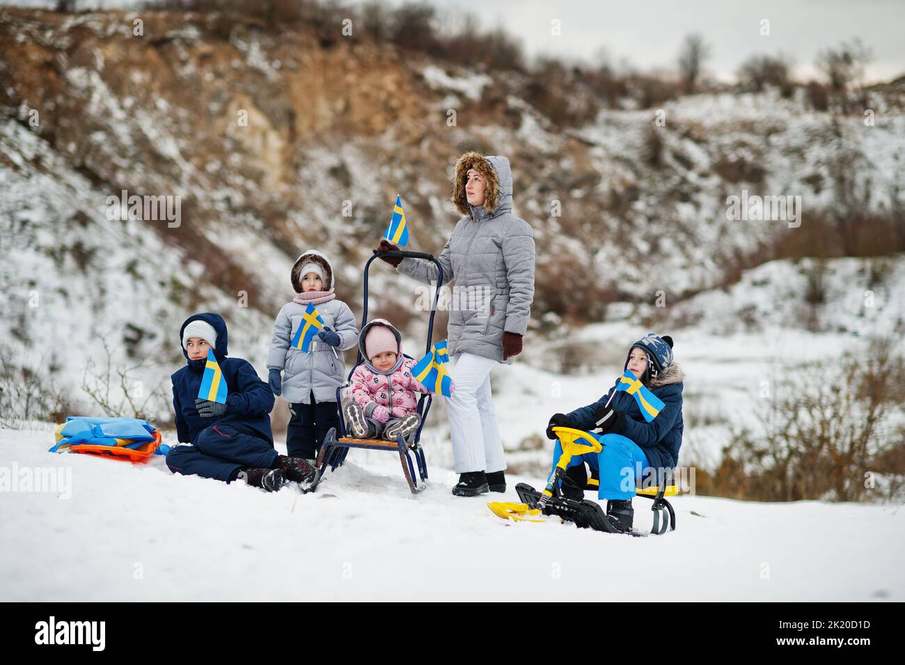 Scandinavian family with Sweden flag in winter swedish landscape Stock ...