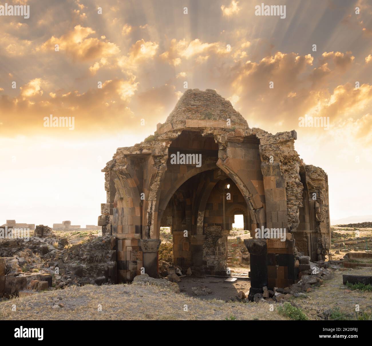 Historical Church and temple at sunrise. Ani city ruins historical ...