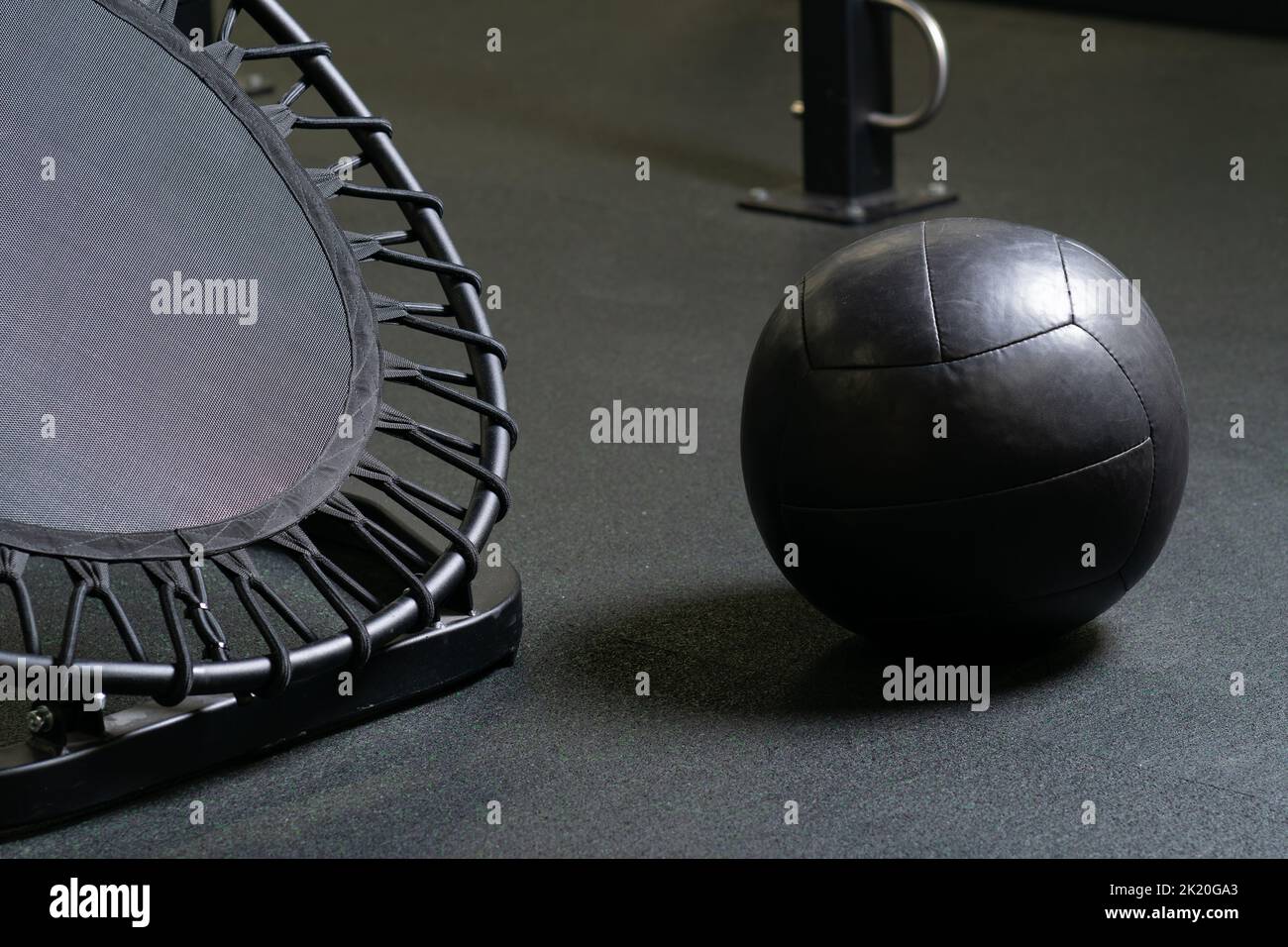 Sports trampoline home patio backyard concept wooden kettlebell summer ...