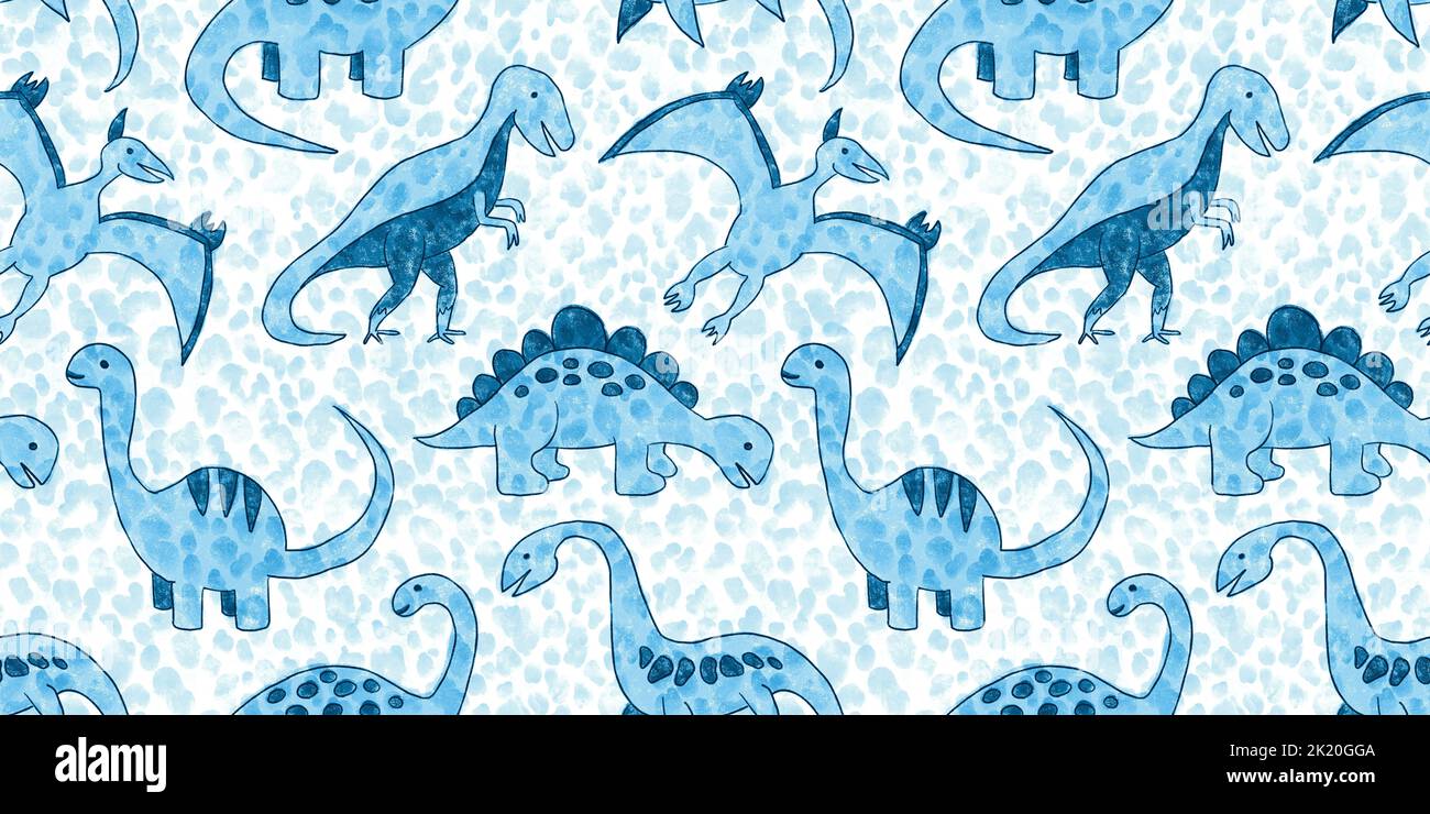 Seamless hand drawn pastel baby blue dinosaur pattern with polka dot ...