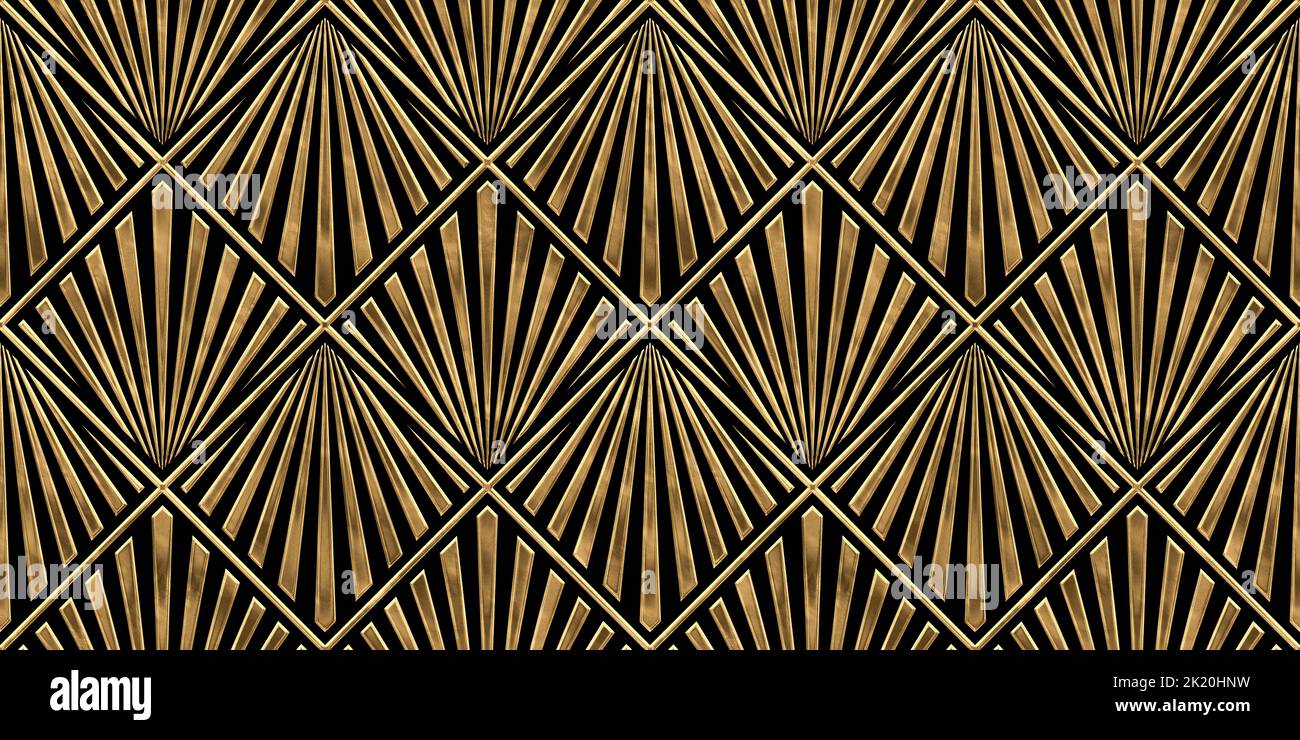 Seamless golden Art Deco diamond palm fan line pattern. Vintage roaring ...