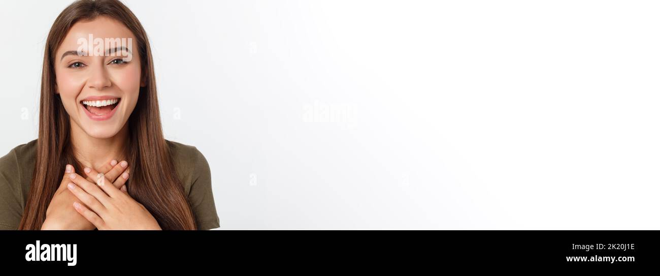 Portrait joyful outgoing woman likes laugh out loud not hiding emotions ...