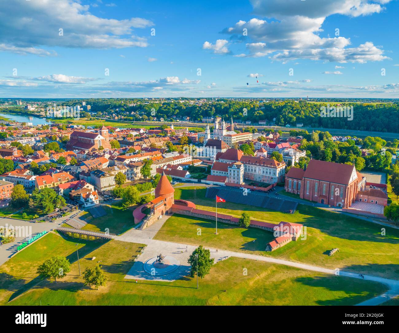 Landscape aerial photo of Kaunas old town. City town hall square with ...