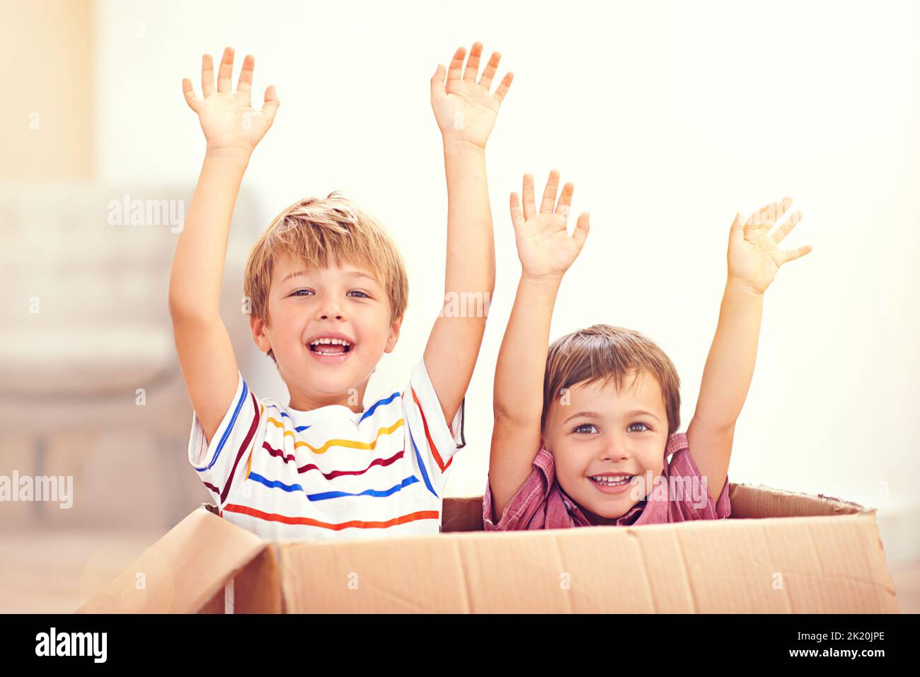 We arrived safely. Two young brothers raising their arms as they jump ...