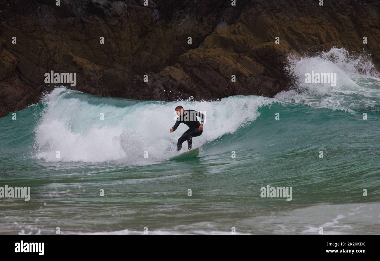 A surfer in the surf at Kynance Cove on the Lizard Peninsula, Cornwall ...