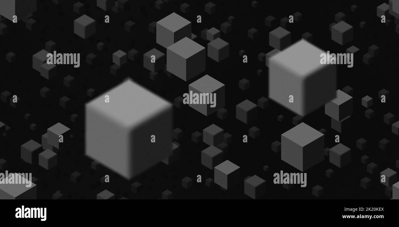 Seamless dark black and white abstract floating isometric cubes ...