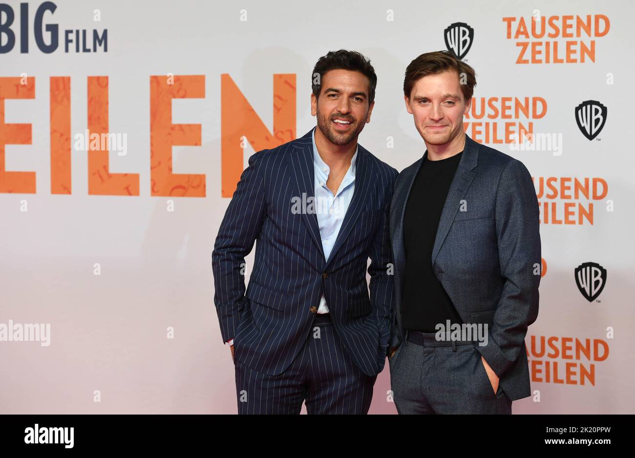 Munich, Germany. 21st Sep, 2022. Actor Elyas M'Barek,(l) and actor Jonas Nay show off at the ...