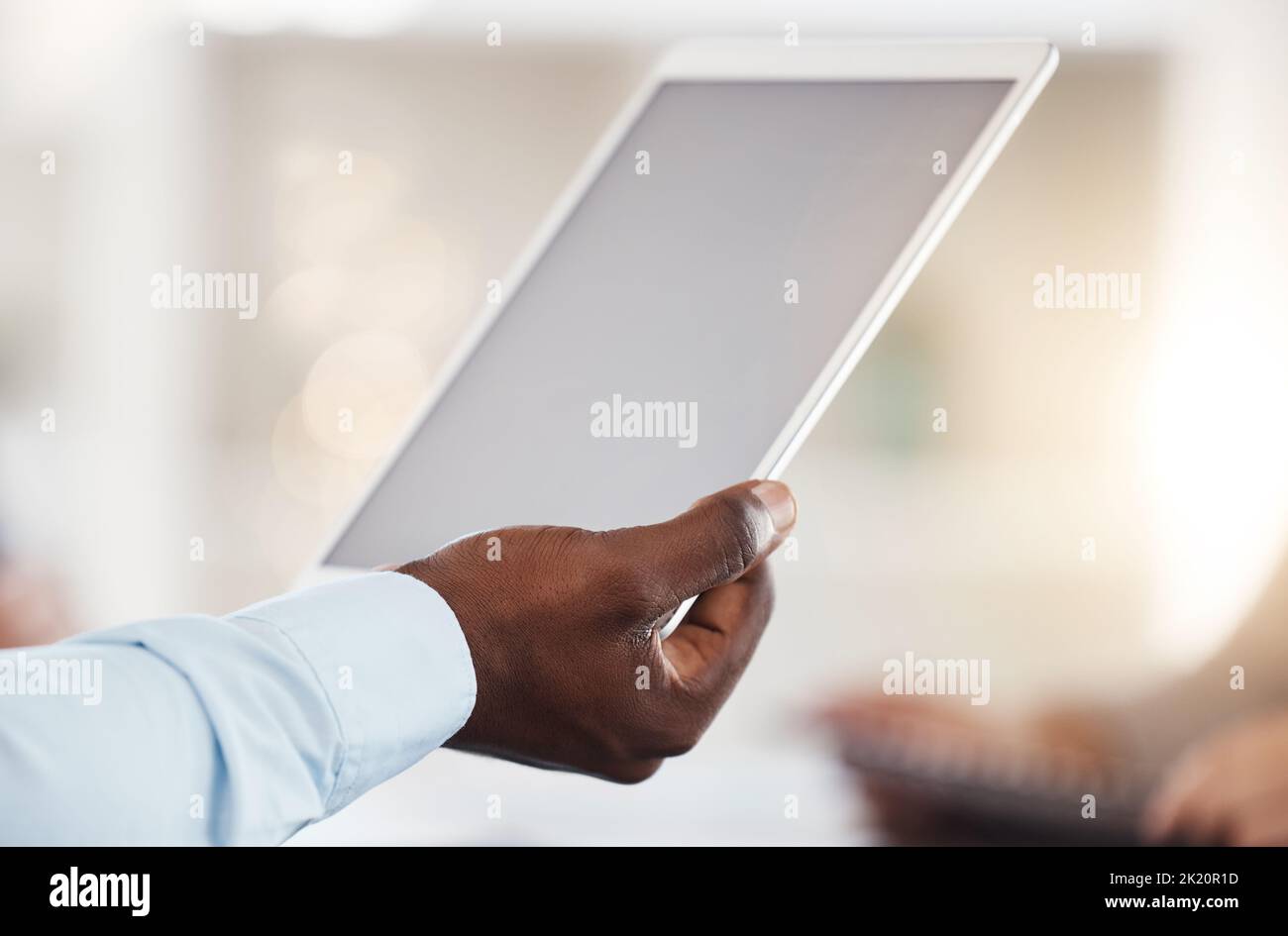 Business tablet and hands with a digital mock up screen for online ...