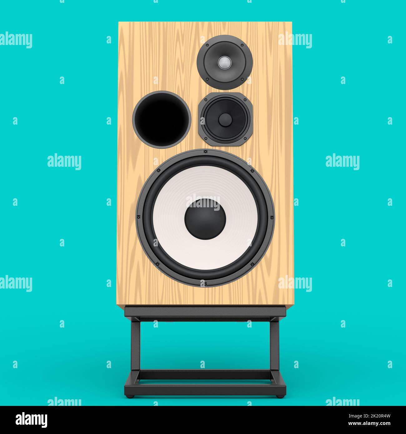 Hi-fi speakers with loudspeakers on stand on green background Stock ...