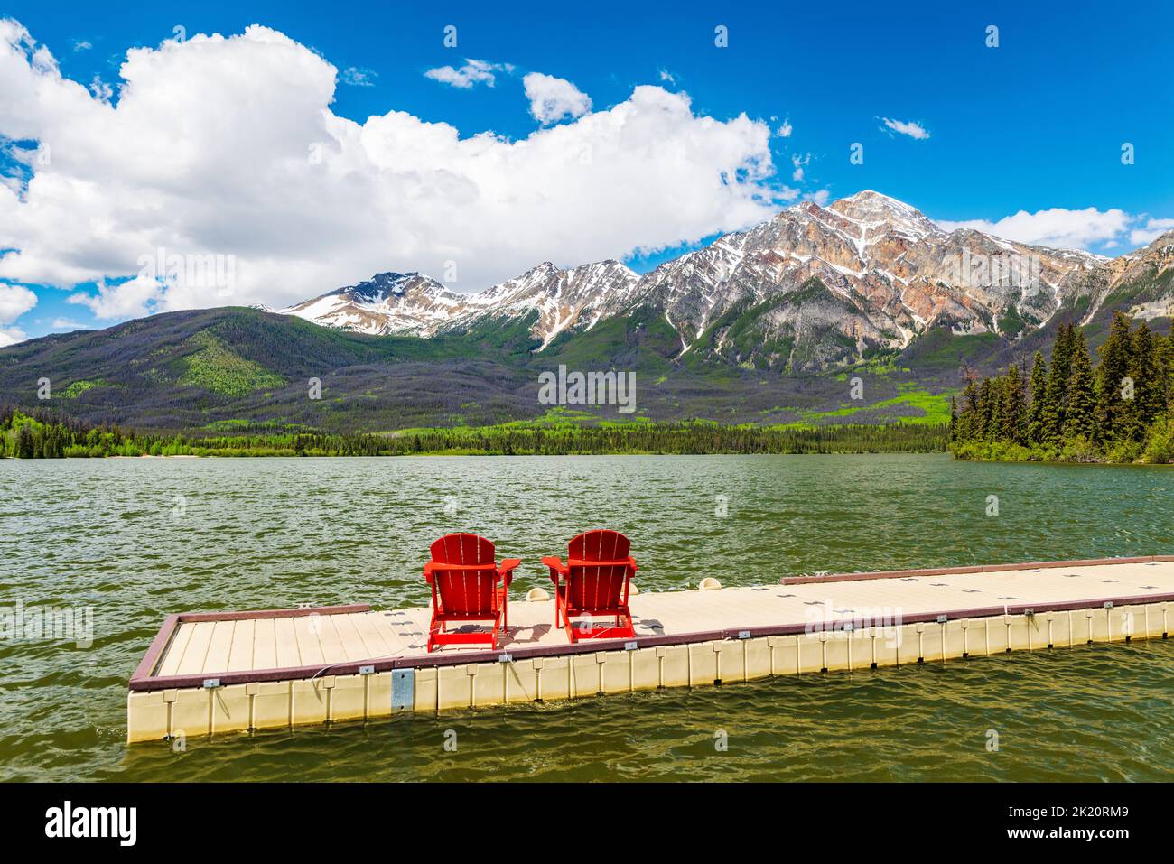 Dock & Adirondack chairs; Pyramid Lake; Jasper National Park; Alberta ...