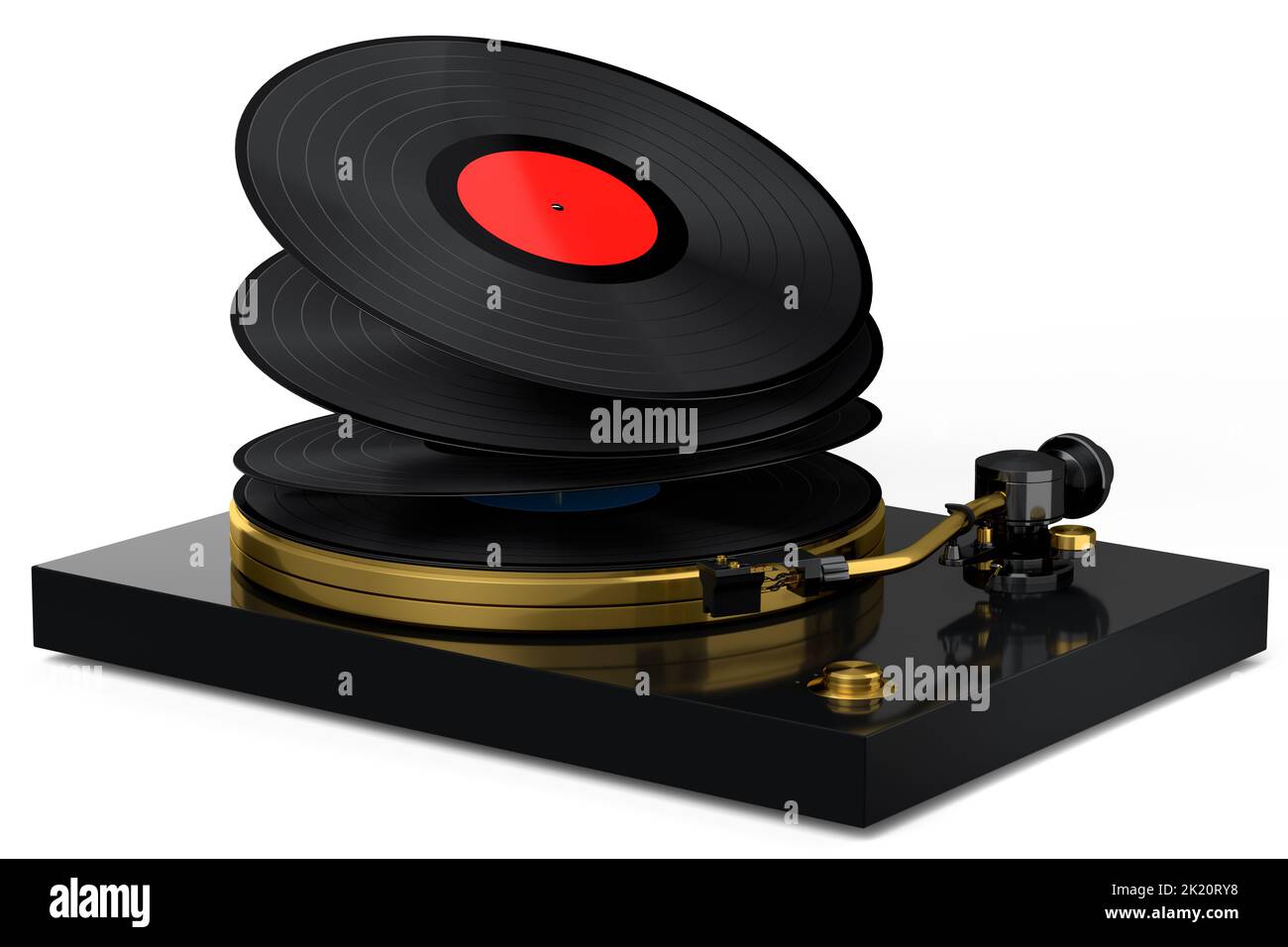 Vinyl record player or DJ turntable with flying vinyl plate on white ...