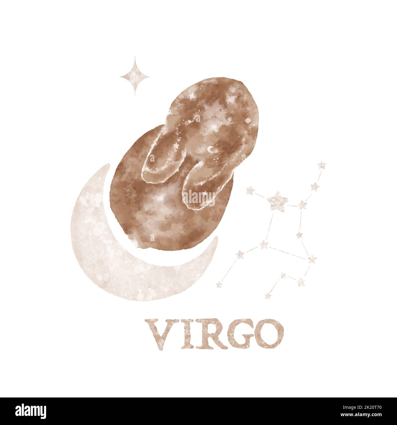 Hand drawn magic bunny illustration, moon and stars. Cute watercolor ...