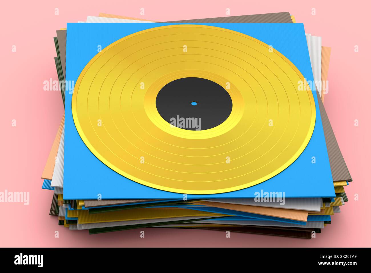 Black vinyl LP record with heap of covers isolated on pink background ...