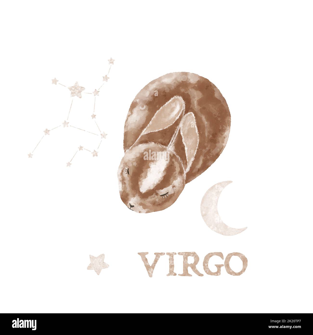 Hand drawn magic bunny illustration, moon and stars. Cute watercolor ...