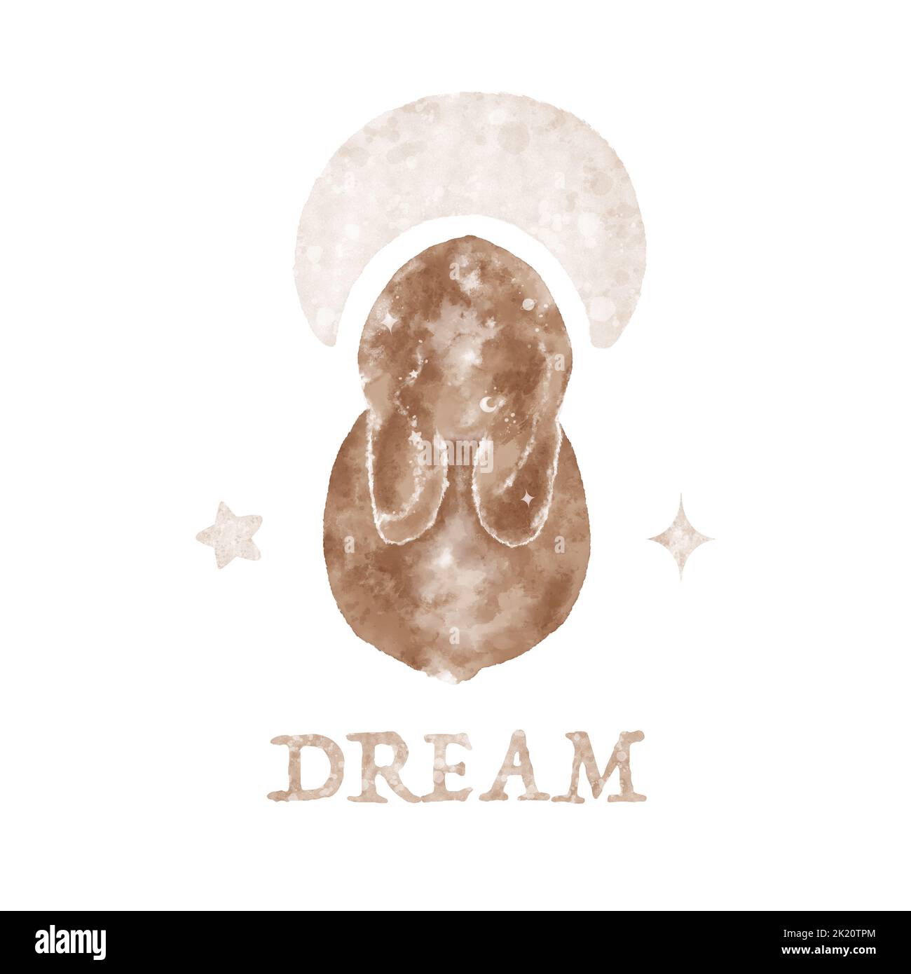 Hand drawn magic bunny illustration, moon and stars. Cute watercolor ...