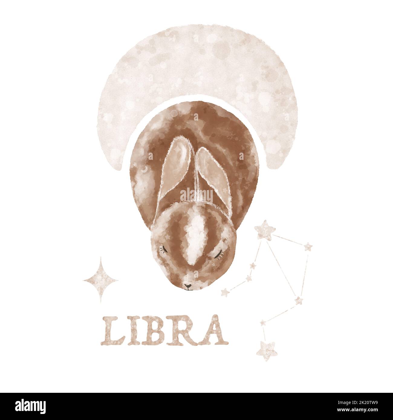 Hand drawn magic bunny illustration, moon and stars. Cute watercolor ...