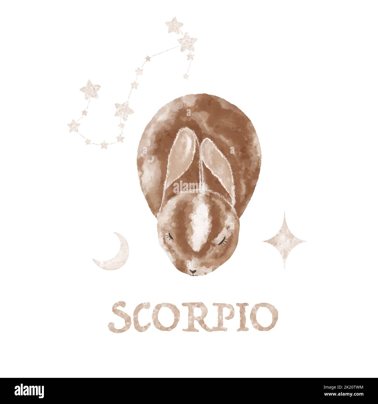 Hand drawn magic bunny illustration, moon and stars. Cute watercolor ...