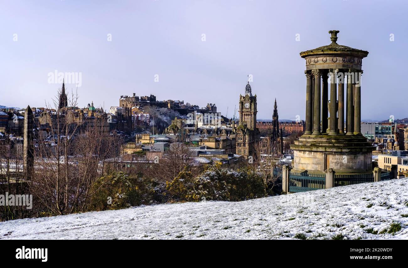 winter view of the city volcano from the Carlton Hill in Edinburgh ...