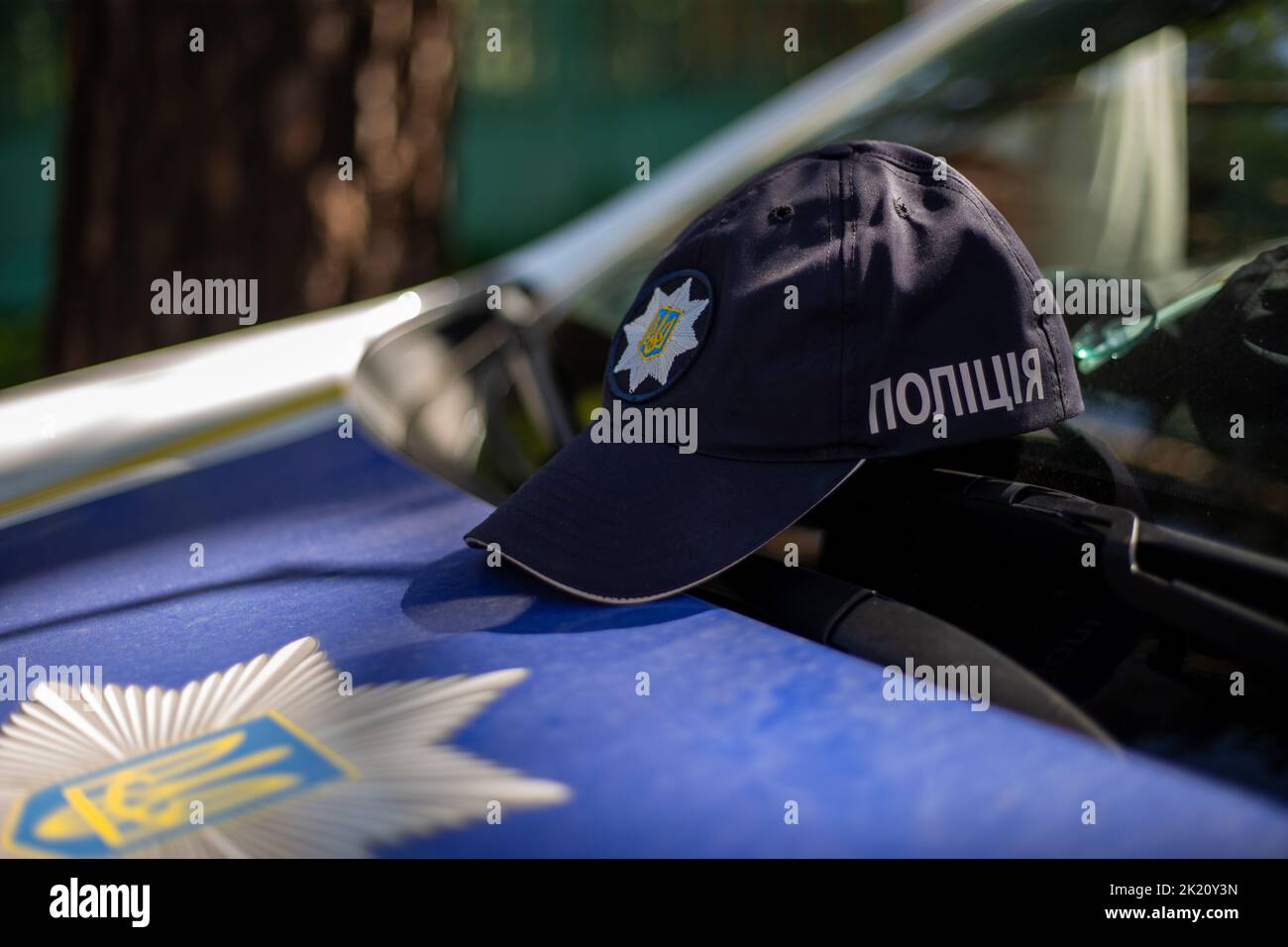 Hat of the ukrainian policeman with sign Police in ukrainian laguage ...