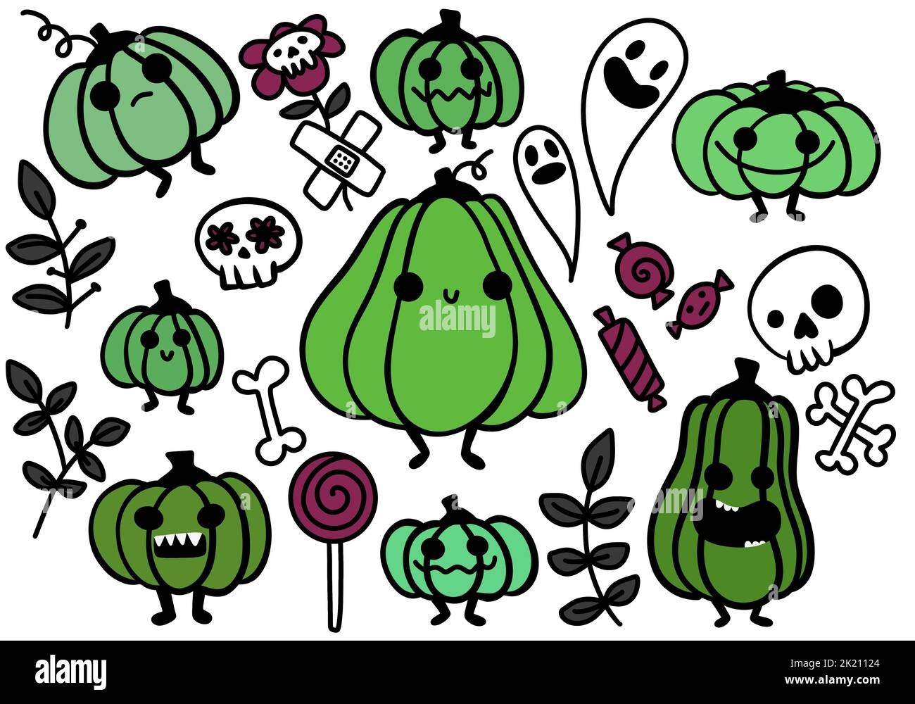 Autumn doodle Halloween set with cartoon pumpkins and skulls and ghost ...