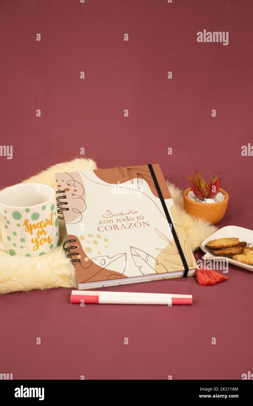 A vertical closeup of a diary with Dream with all your heart text in ...