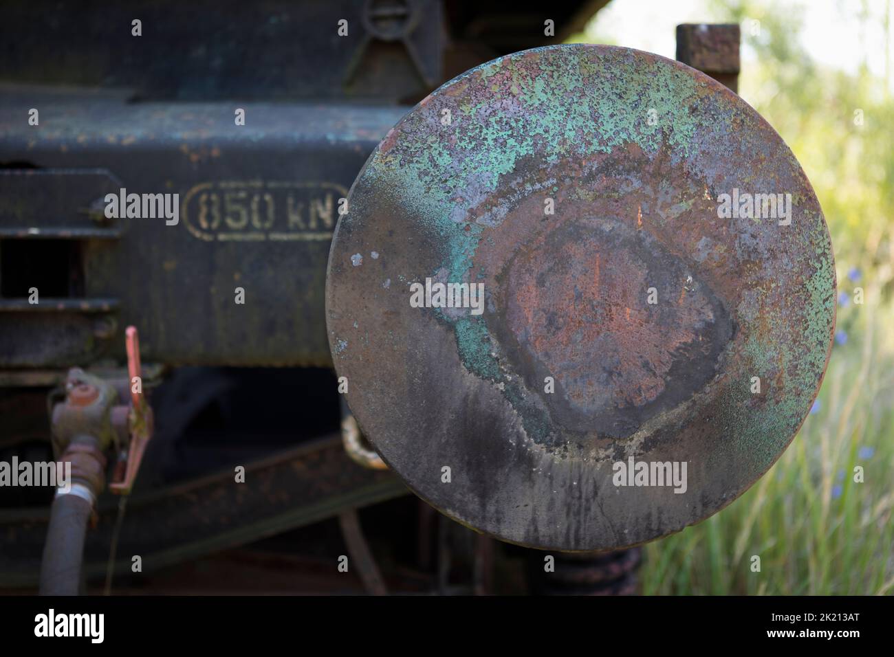 Close up Polish railway wagon buffer rusting at derelict marshalling ...