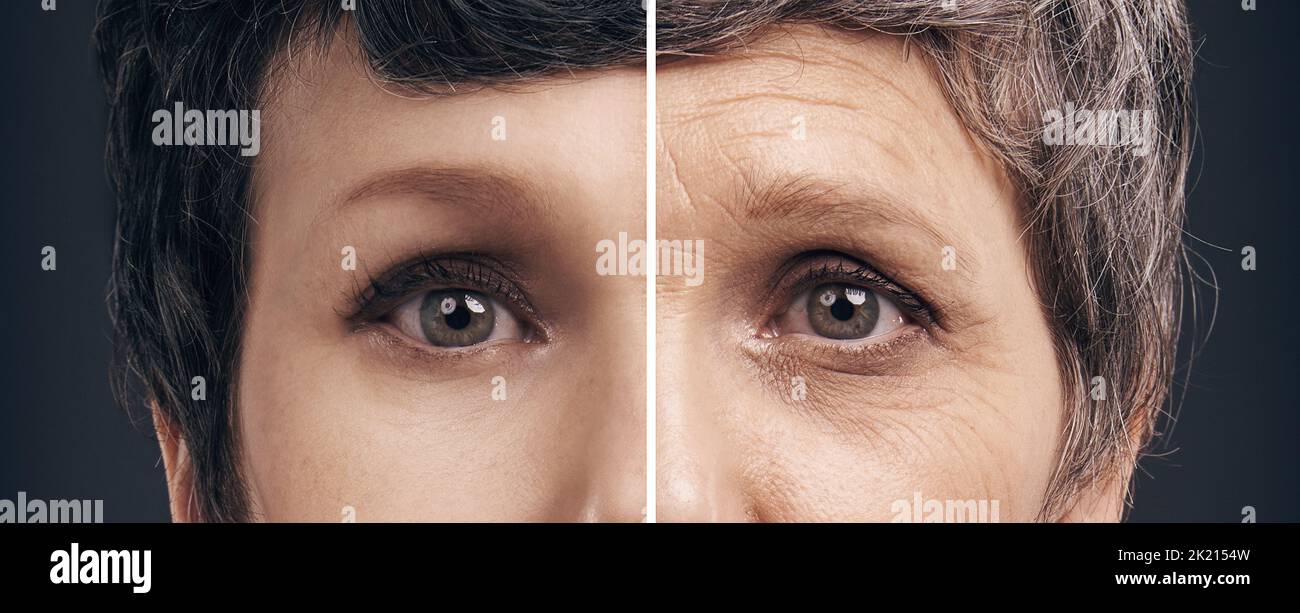 Aging gracefully. A split image of a young woman and older woman Stock ...