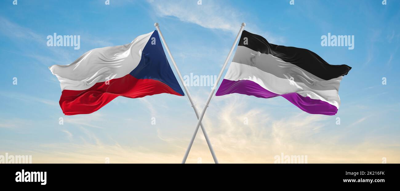 two crossed flags asexuality Pride and Czech republic waving in wind at ...