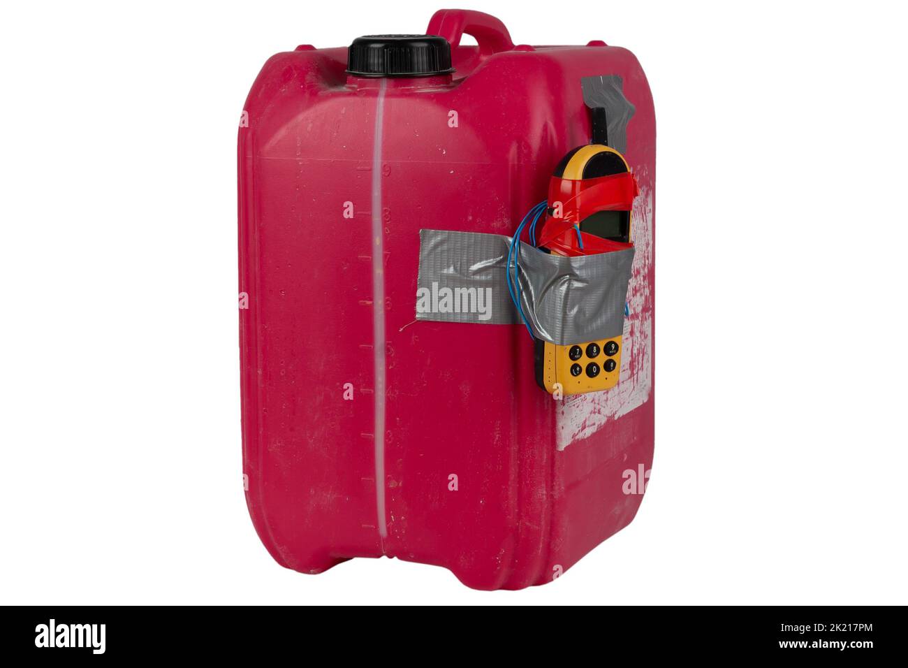 Red jug IED bomb with cell phone fuse isolated on white background ...