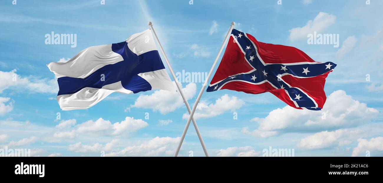 two crossed flags confederate battle or Dixie flag and finland waving ...