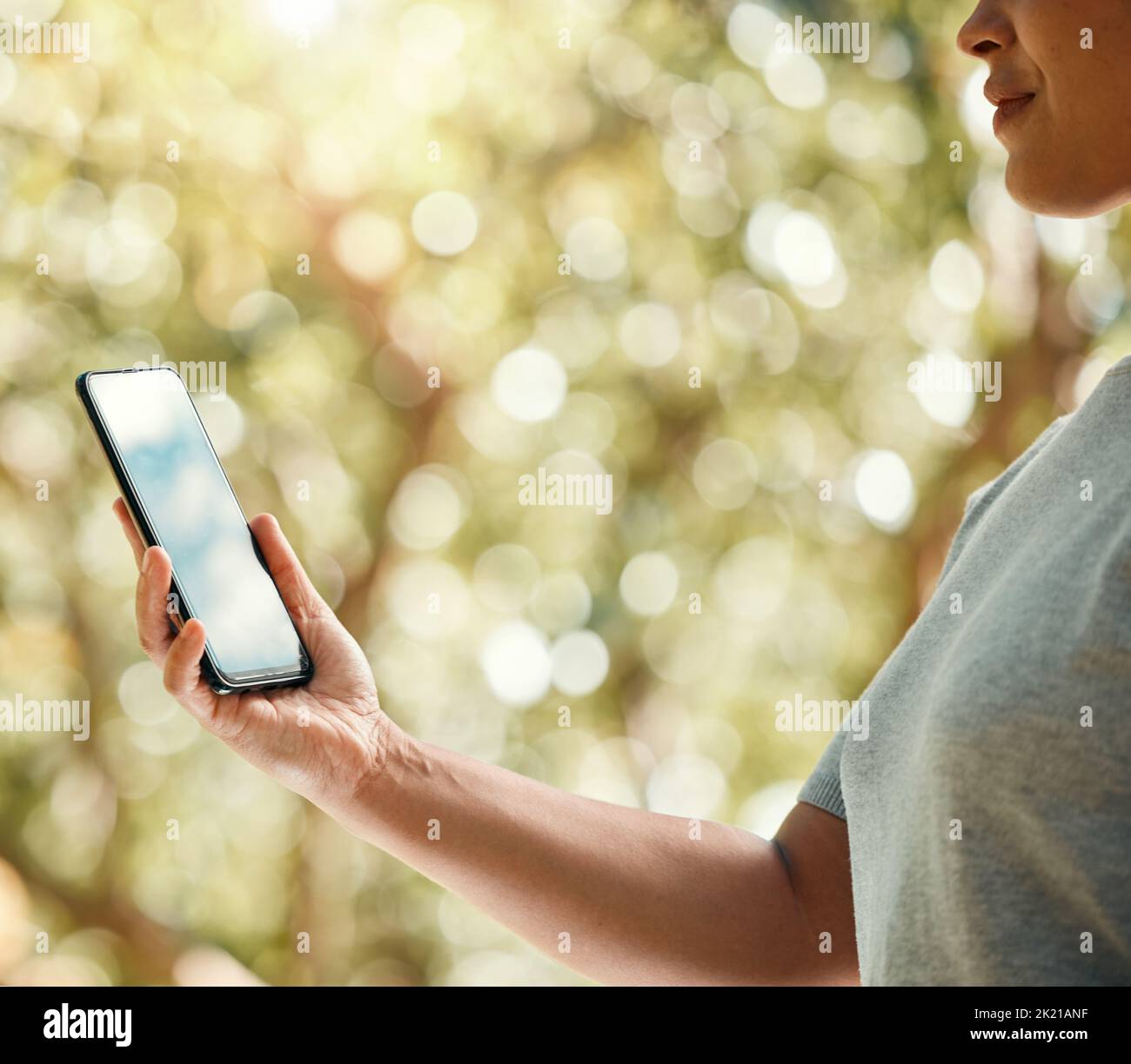 Phone, woman hands and park or sustainability environment with trees bokeh and online search for ...