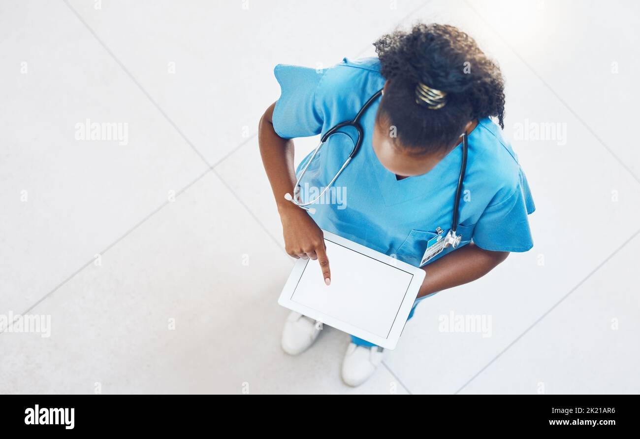 Doctor, tablet and healthcare website with blank mockup screen while ...
