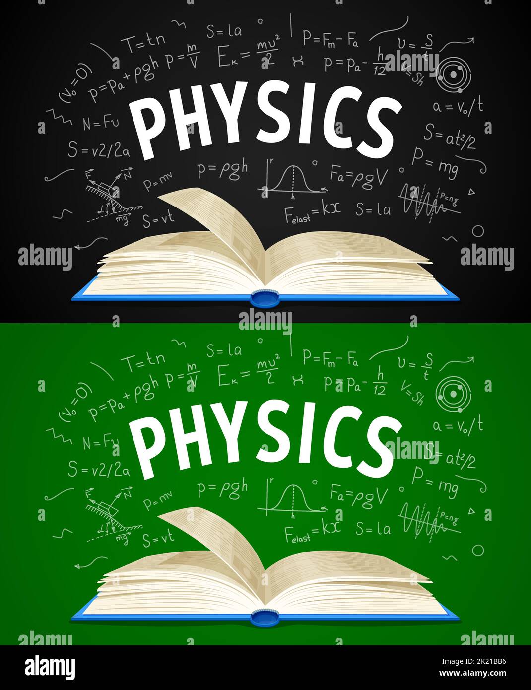Physics textbook with formulas on school blackboard, education books on vector background ...