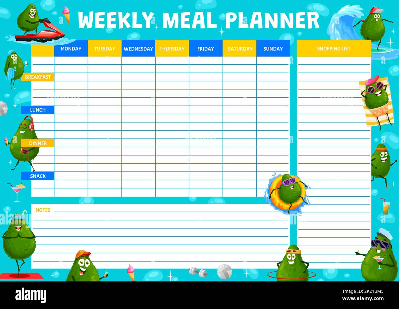 Weekly meal planner with cartoon avocado characters on summer vacation ...