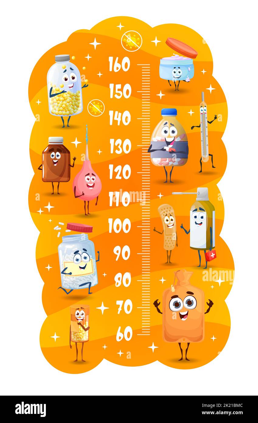 Kids height chart ruler cartoon syrup, pill and medication characters ...