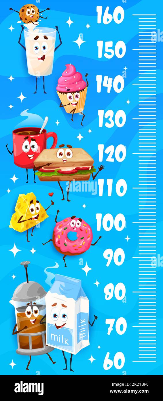 Kids height chart. Cartoon breakfast characters. Kids growth centimeter ...