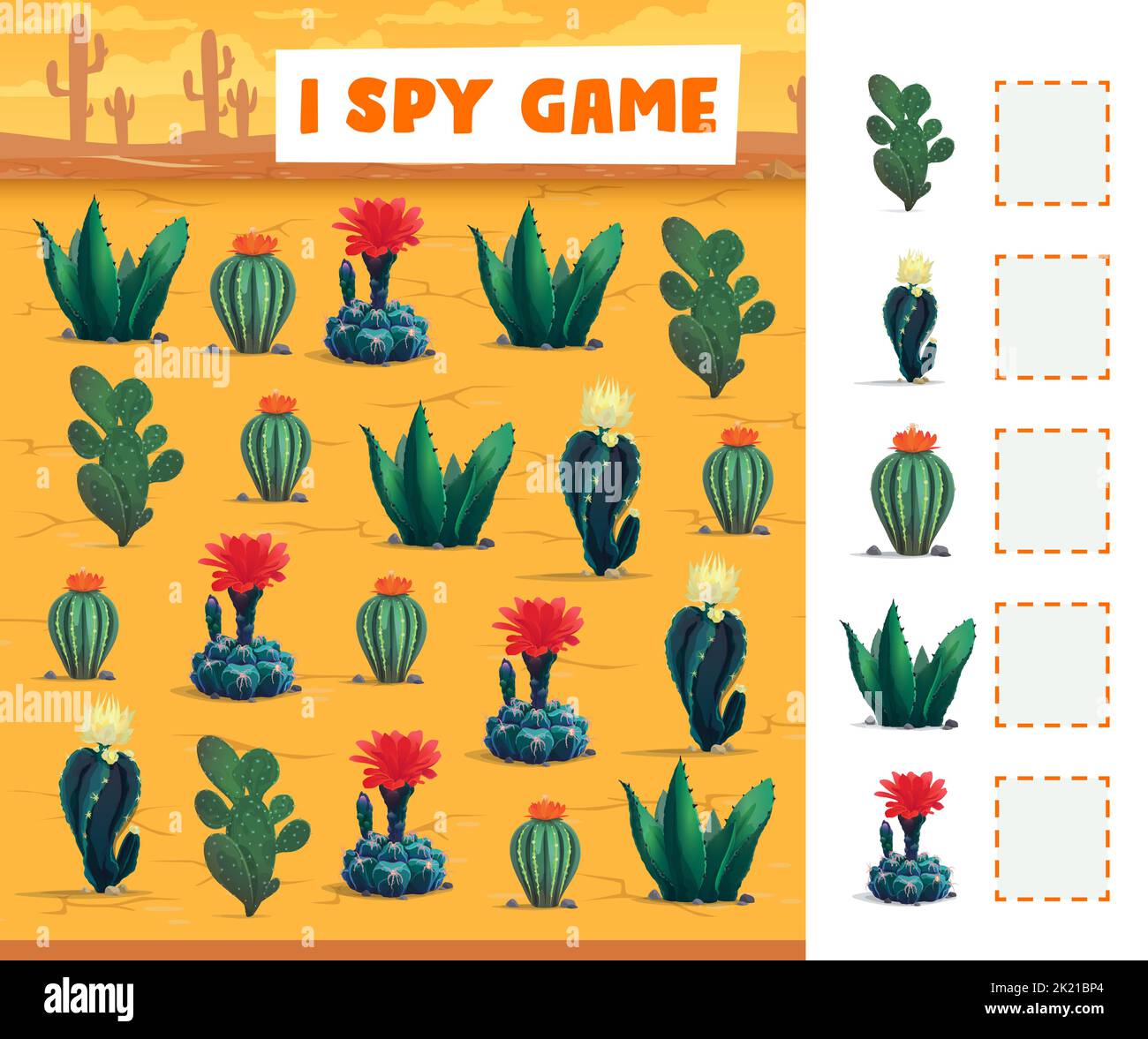 Cactuses in mexican desert I spy game vector worksheet. Count education ...