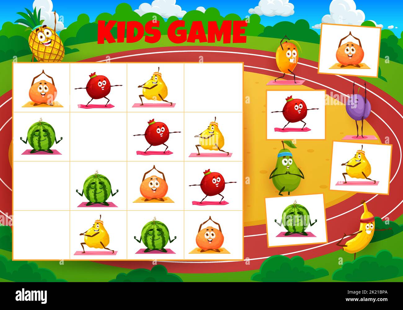 Sudoku game worksheet, cartoon fruit characters on yoga. Vector kids ...