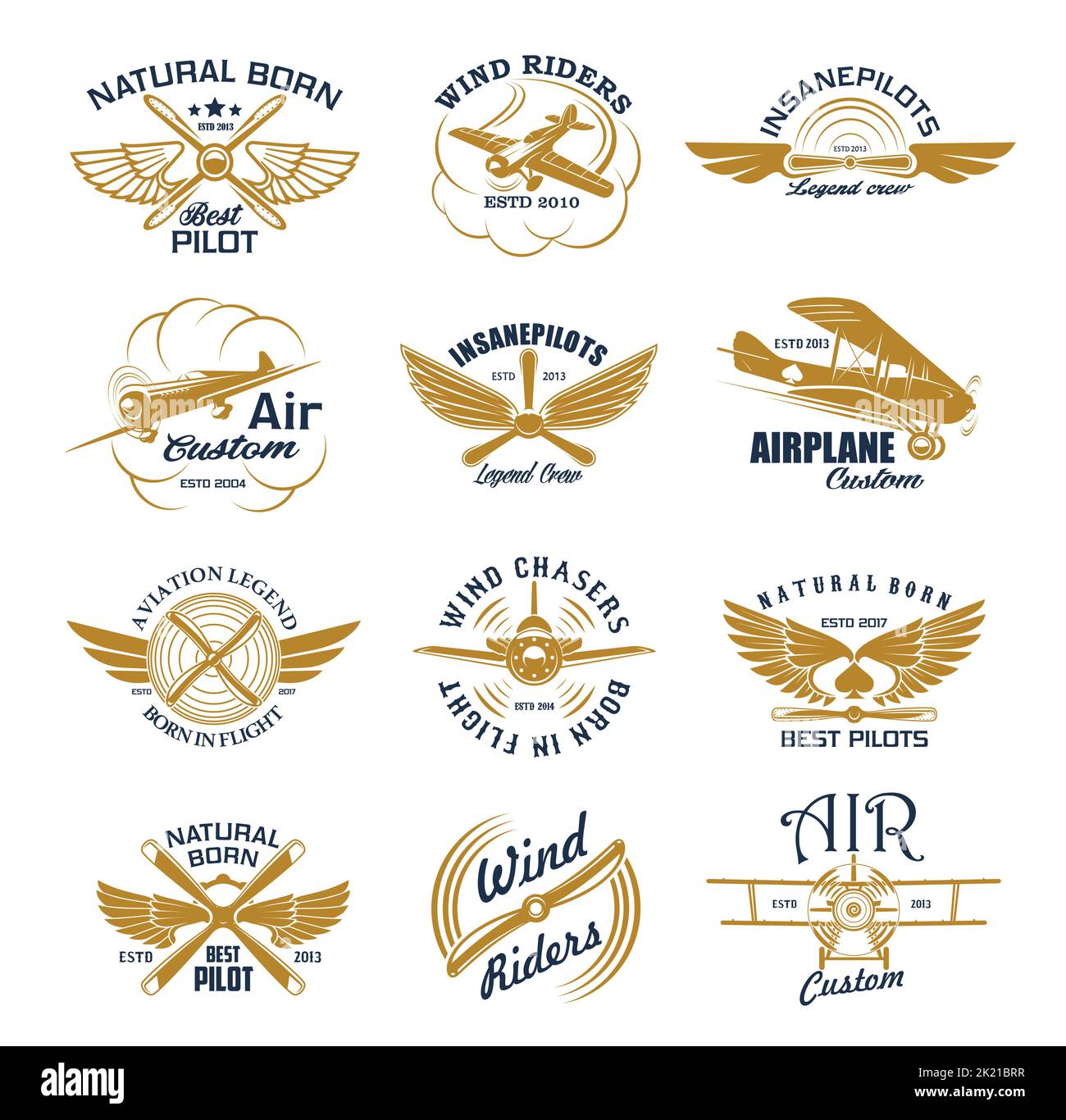 Retro airplane and aircraft icons, custom plane wind riders and legend ...